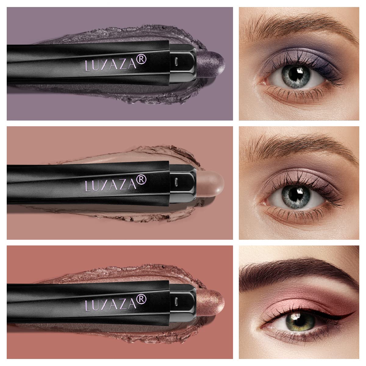LUXAZA 3Pcs Eyeshadow Stick Set, Matte And Shimmer Creamy Eyeshadow Pencil,Eye Brightener Stick,Nude Caramel Grayish Purple Shadow Stick Set, Waterproof Long Lasting Smoky Highlighter Eye Makeup