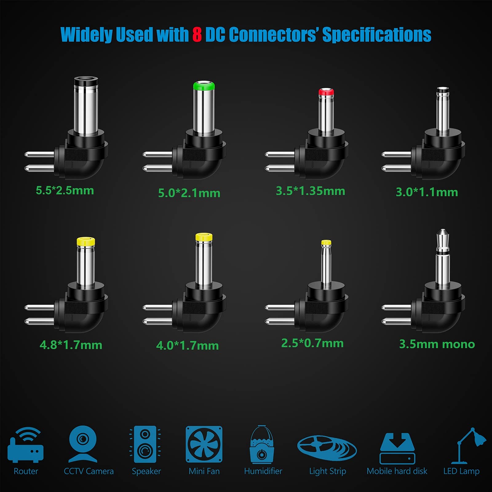 SoulBay 24W Universal AC/DC Adapter 3V 4.5V 5V 6V 7.5V 9V 12V 2A Power Supply for LED Light Strip Router HUB Speaker TV Box Household Electronics 1A 1.5A 2.0A 2000mA Amp Max, Center Positive