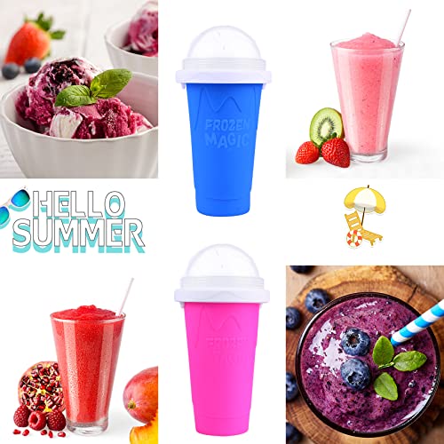 2 Pack Slushie Maker Cup, TIK TOK Frozen Magic Smoothies Cup, Double Layers Silica Cup, DIY Homemade Slushies, Cooling Maker Cup, Freeze Mug Tools, Portable Squeeze Icy Cup for Milkshake(Blue+Pink)