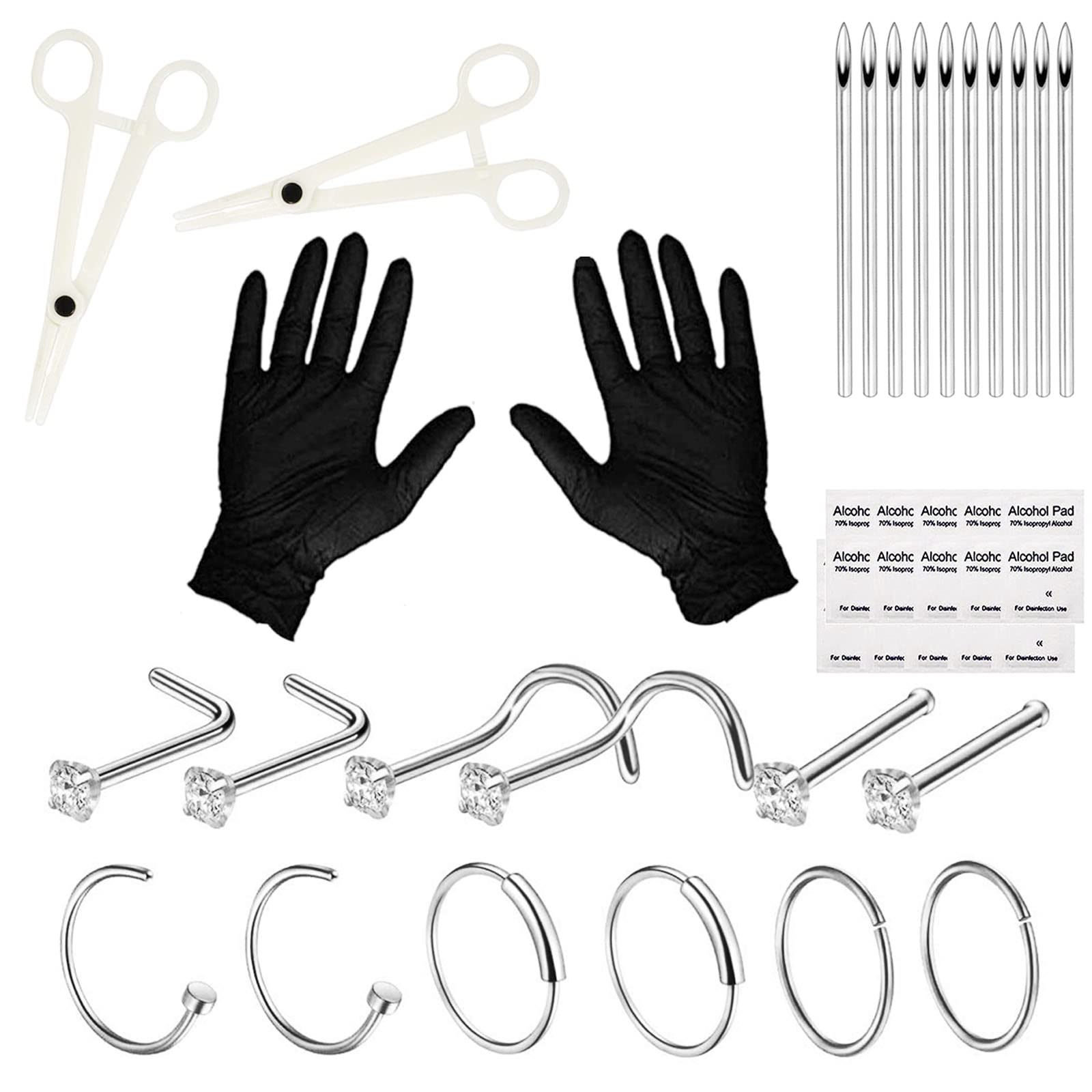 Piercing Kit,Urknall 35pcs Nose Piercing Kit 14G Piercing Needles with Piercing Clamps Stainless Steel Nose studs Nose ring for Nose Piercing Supplies