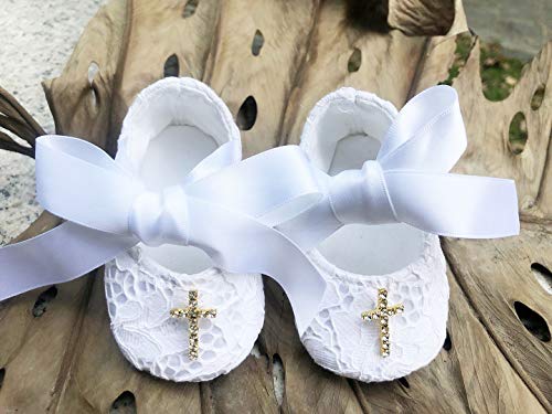 Bow Dream Baby Girl Baptism Christening Shoes and Headband Set White Reinstones 0-3 Months