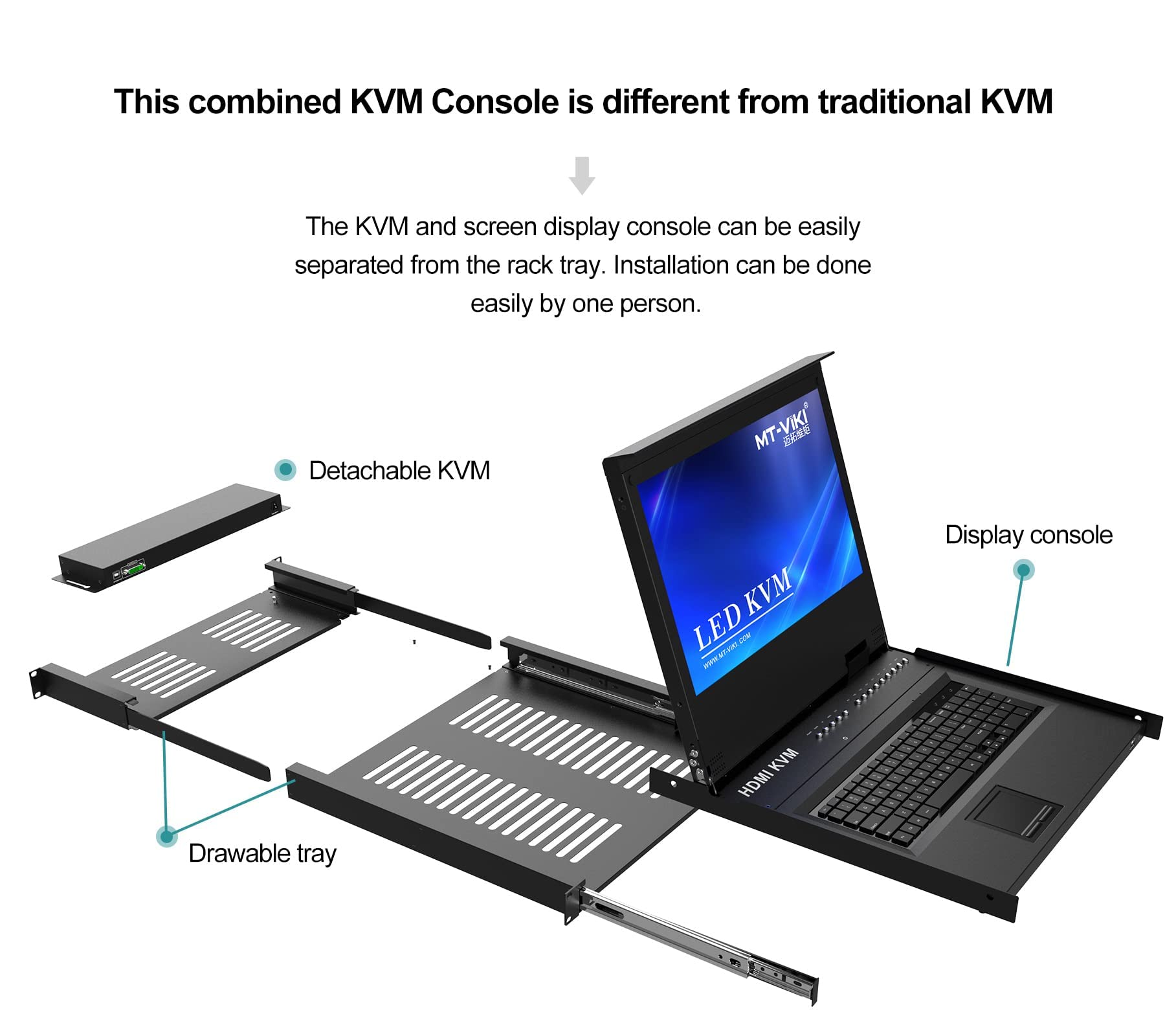 MT-VIKI® Rack Mount KVM HDMI w/ 17.3'' LCD Monitor, 1080P 8 Port LCD KVM Console Integrated Touch-pad++Monitor+Keyboard+8 KVM Cables, Support OSD/Hotkey, Fit 1U 19'' Rack