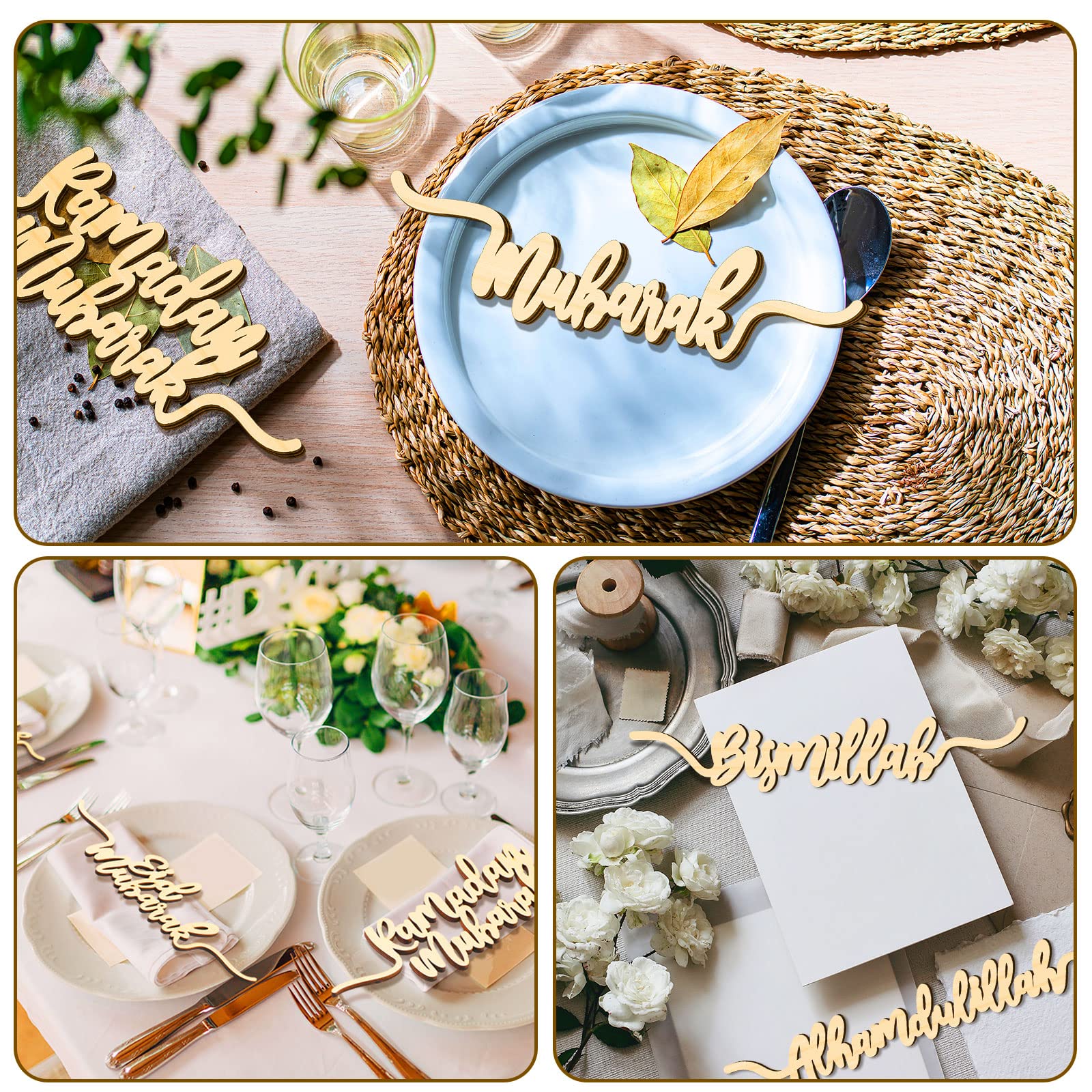 12 Pcs Ramadan Mubarak Wood Cutouts Ramadan Plate Sign Ramadan Kareem Wooden Word Cutouts Eid Mubarak Decorations for Islamic Muslim Home Table Plate Decoration (Vivid Style)