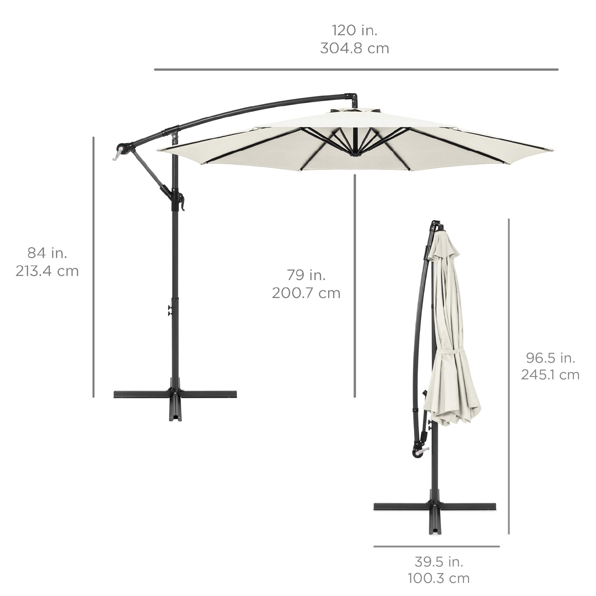 10FT Hanging Umbrella Patio Sun Shade Offset Outdoor Backyard Adjustable Durable Umbrella, with Cross Base Included (Rice White)