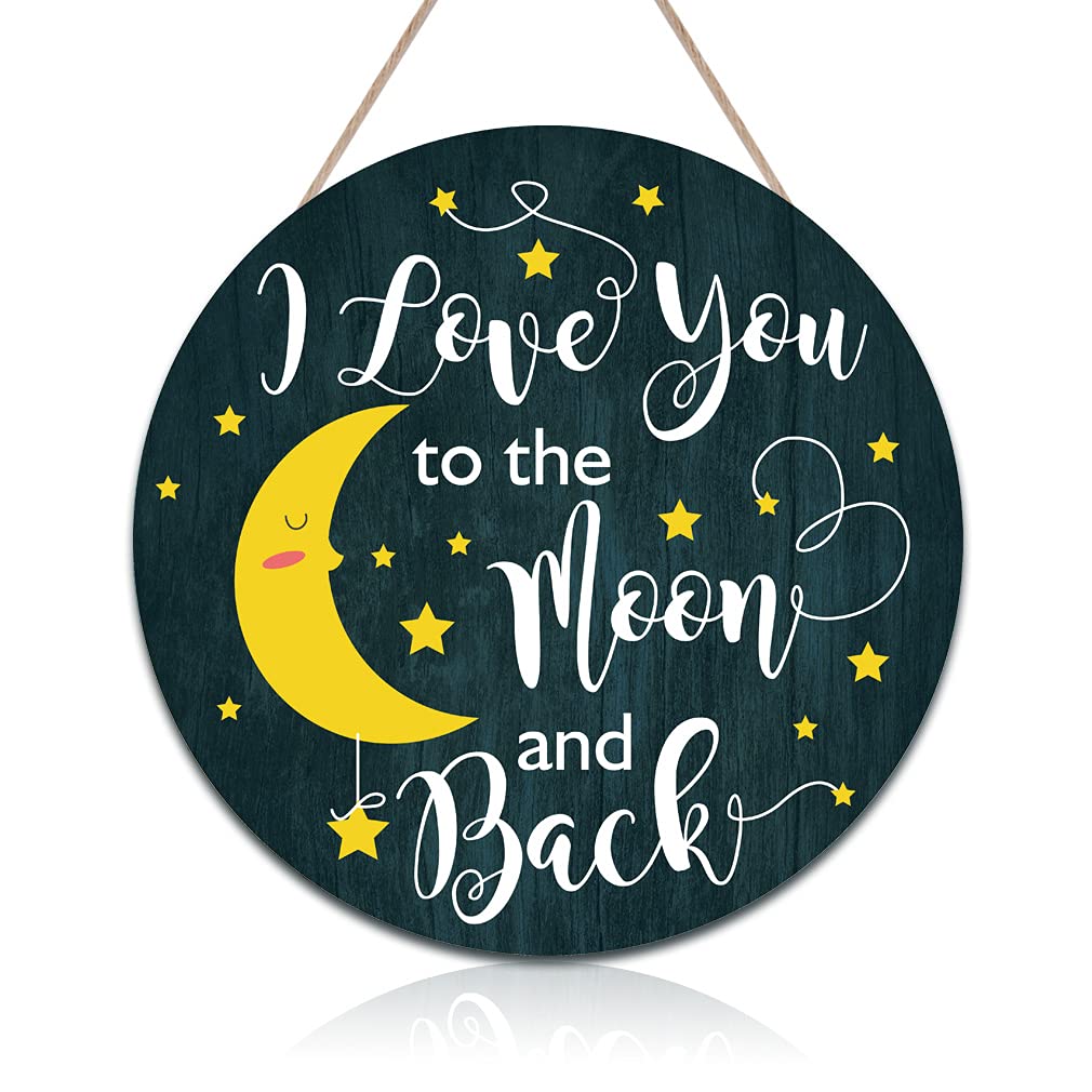 CHDITB Love You To The Moon And Back Wood Sign Wall Decor, Moon Star Wooden Door Hanging Art, Family Love Words Wood Art Plaque for Children Wife Bedroom Nursery (12''x12'')