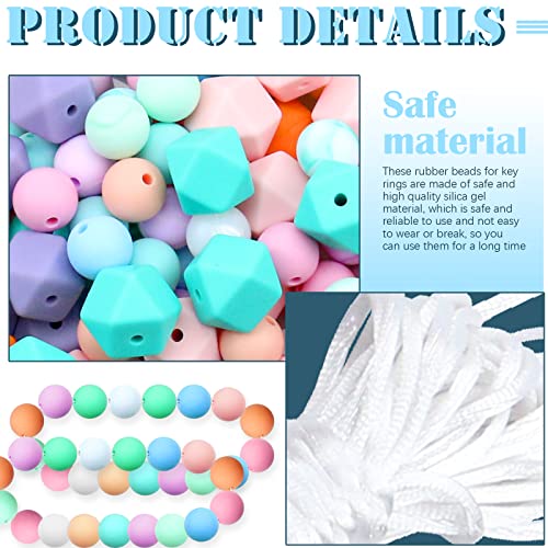 101 PCS Silicone Beads, Silicone Loose Beads for Keychain Making Round Rubber Beads Polygonal Silicone Beads Colorful Silicone Loose Pearl Beads with Rope for DIY Necklace Bracelet Jewelry Crafts