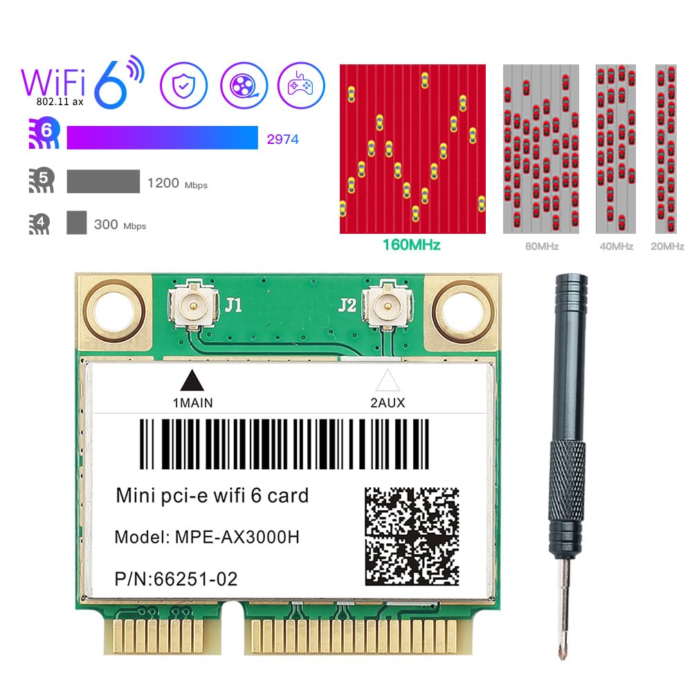 MPE-AX3000H WiFi 6 Wireless Card Dual Band 802.11ax Half Mini PCI-E WiFi Card PCI Express Network Adapter BT5.2 2.4GHz 574Mbps 5GHz 2.4Gbps(160MHz) for Windows 10/11 64 bit Better 7260HMW WiFi Card