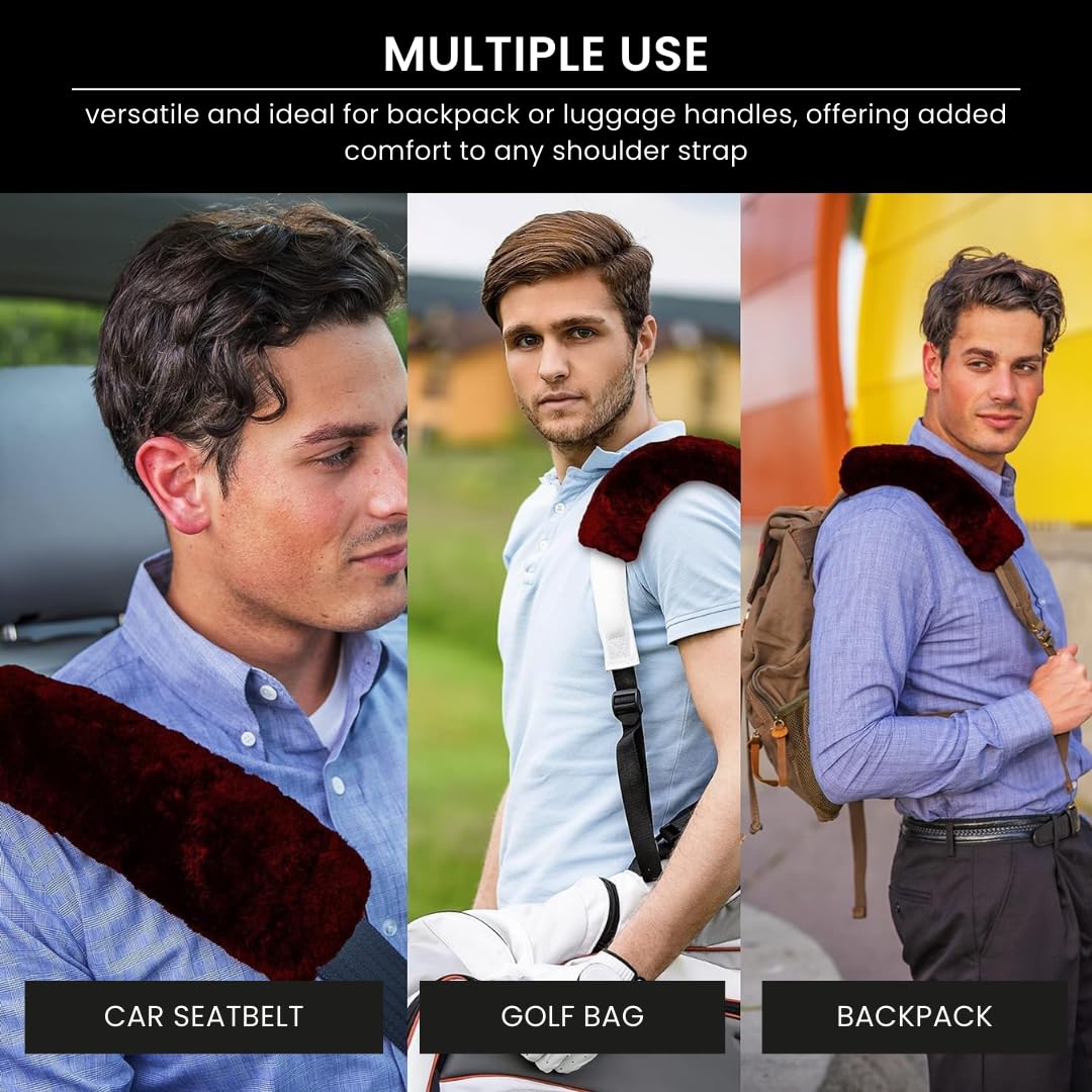 Andalus Australian Merino Sheepskin Seat Belt Covers - 100% Authentic, Ultra-Soft, Hypoallergenic, Neck Protection Pads for Cars & Backpacks (Pack of 2, Grape Red)