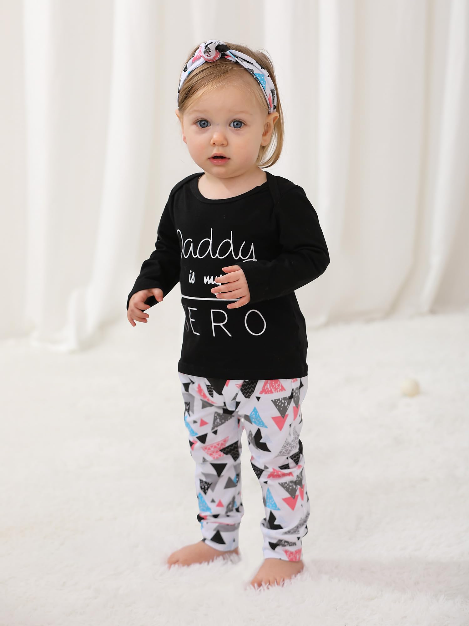 Baby Girls 3Pcs Outfit Set Letters Daddy is My Hero T-Shirt Tops Geometric Pants with Headband (3-6 Months)