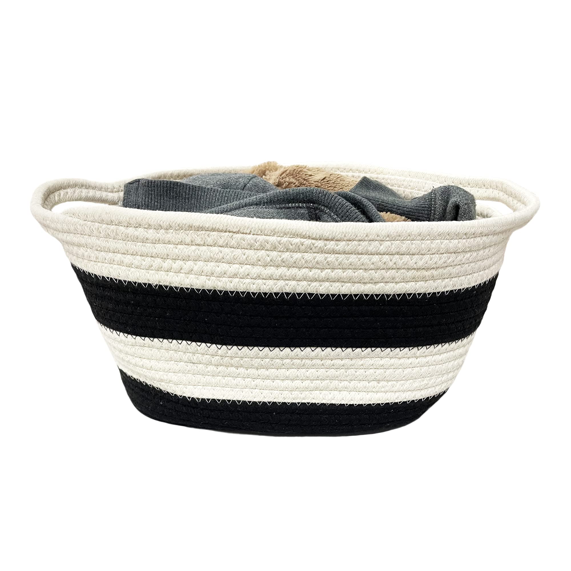 DSJ 14” x 10” x 7" Small Cotton Rope Basket with Handles,Cotton Woven Rope Storage Bins for Storing Cute Dog Cat Toys, Laundry Bedroom and Bathroom Clothes,Towels. (Black and White)