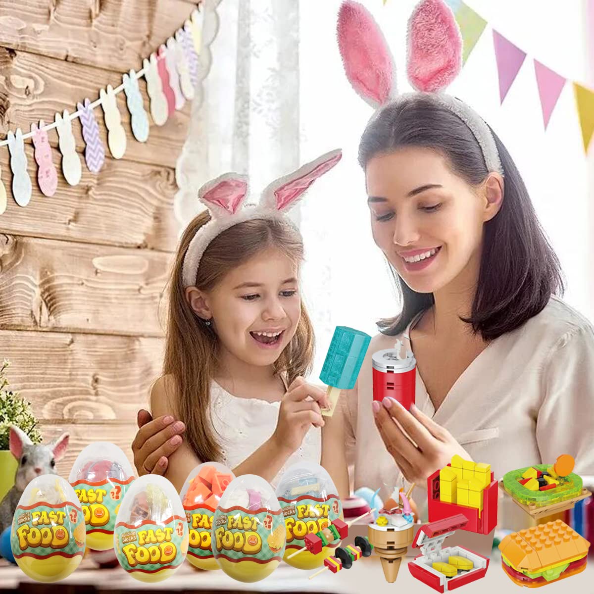 12 Pcs Easter Eggs with Food Building Block Toys for Kids Holiday Party Favors Easter Basket Stuffers,Easter Egg Hunt