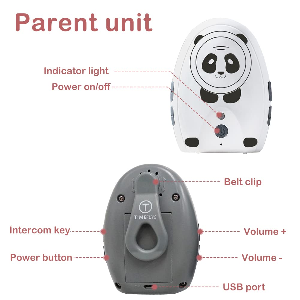 TimeFlys Audio Baby Monitor Digital Focus Panda Baby Monitor Two Way Talk Rechargeable Battery 1000 Feet Long Range USB Connection Paging Night Light Cute