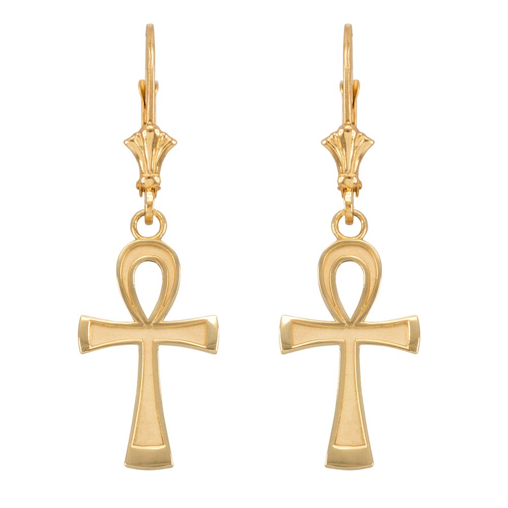 10k Yellow Gold Egyptian Ankh Cross Leverback Earrings