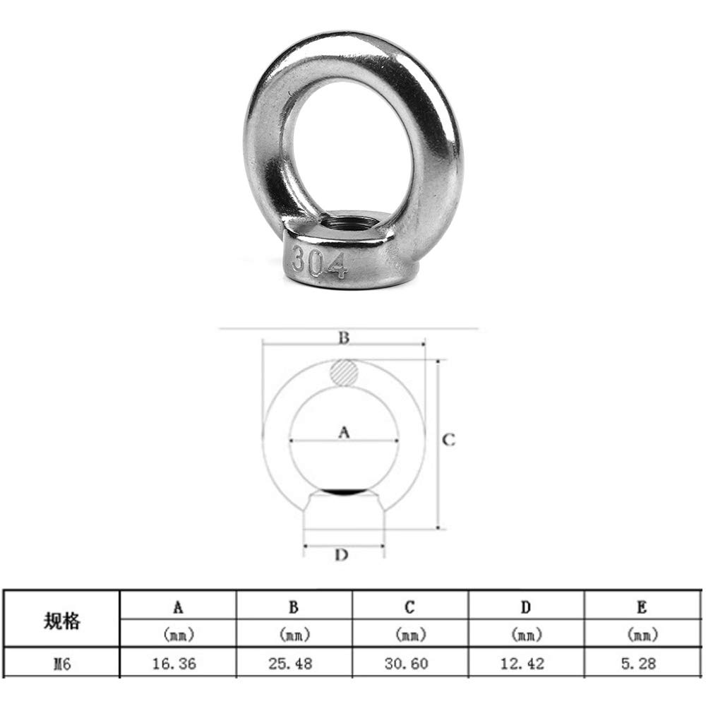10 Pcs M6 Lifting Eye Nut Lifting Ring Eyebolt Nuts Silver 304 Stainless Steel Ring Shape Lifting Eye Nut for Lifting Accessories Rope Fitting