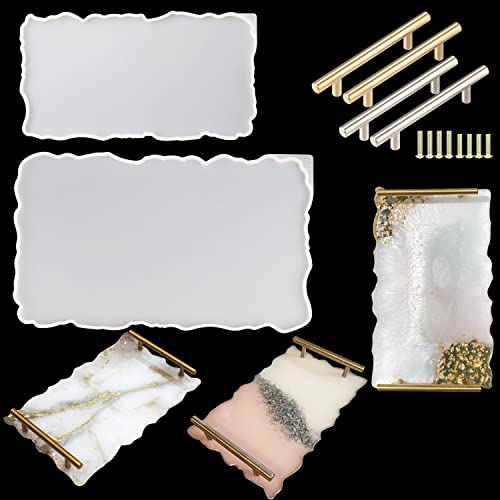 2 Size XL Resin Tray Molds Silicone with Gold & Silver Handles, Epoxy Resin Tray Mold DIY for Making Resin Tray, Crafts, Home Decorations