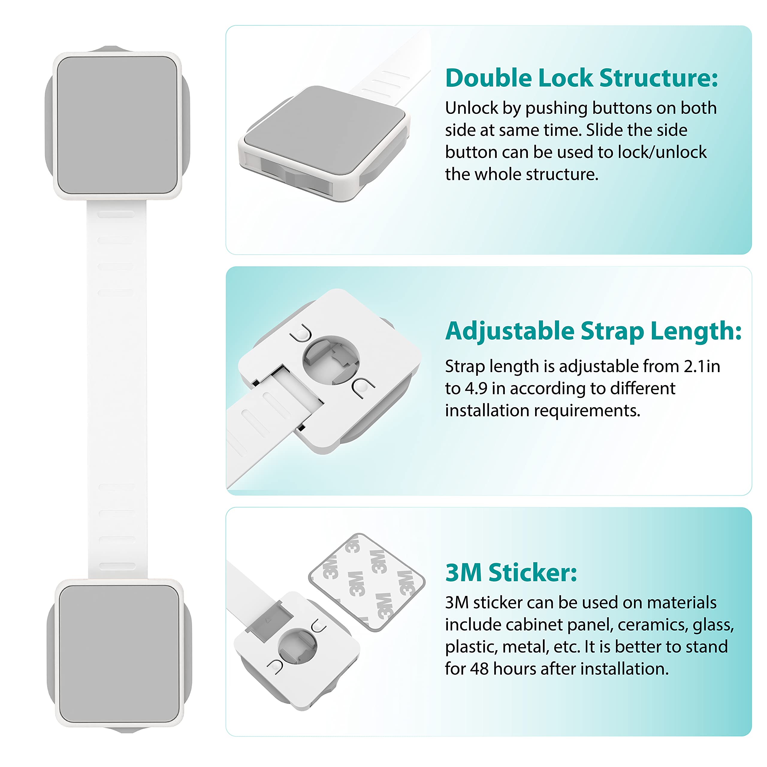 Child Adjustable Strap Lock, Sliding U Shaped Baby Safety Latch for Drawers, Cabinets, Oven, Toilet Seat, No Tool, No Drilling Needed, Super Strong 3M Adhesive
