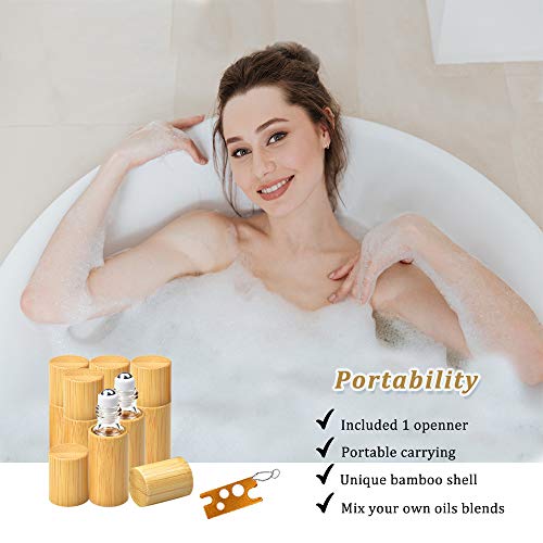 AUHOKY 12Pcs 5ml Bamboo Roll on Bottles for Essential Oils, Portable Massage Oil Bottle with Stainless Steel Roller Ball, Reusable Travel Perfumes Sample Lip Gloss Container (1 Opener)