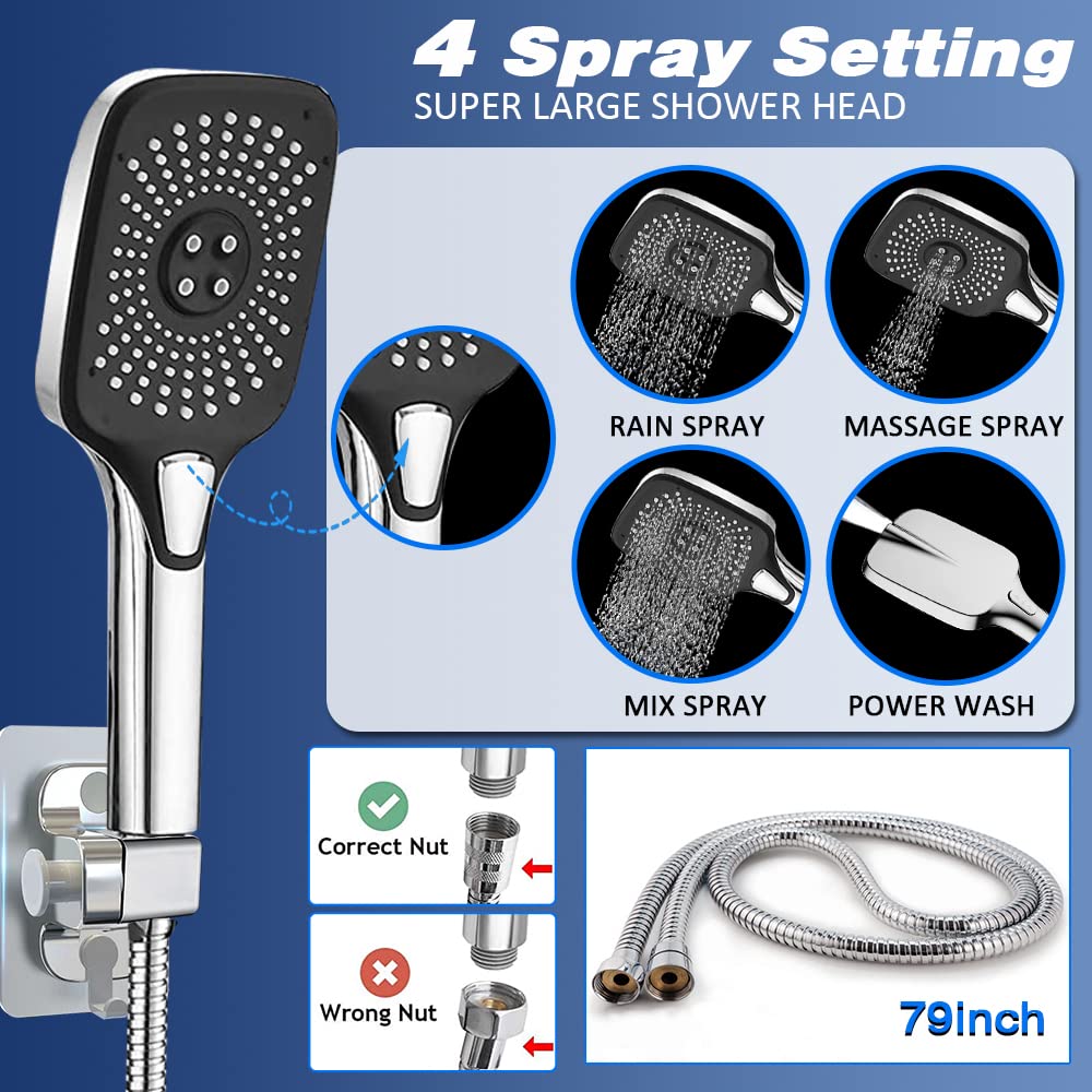 12" Rain Shower Head with Handheld Spray 4 Settings High Pressure Shower Head Rainfall Showerhead with Handheld Sprayer + 12" Shower Head Extension Arm,79" Shower Hose, 12" x 8" Rectangle Shower Heads