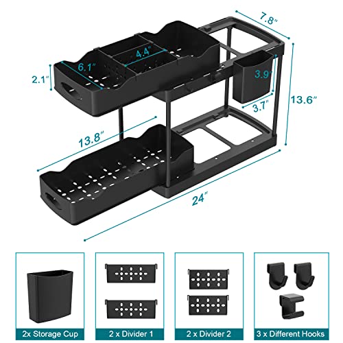 2 Pack Under Sink Organizer, 2 Tier Double Sliding Under Sink Organizers and Storage Multi-Purpose Under Cabinet Storage with Hooks, Hanging Cup, Dividers, for Bathroom Kitchen