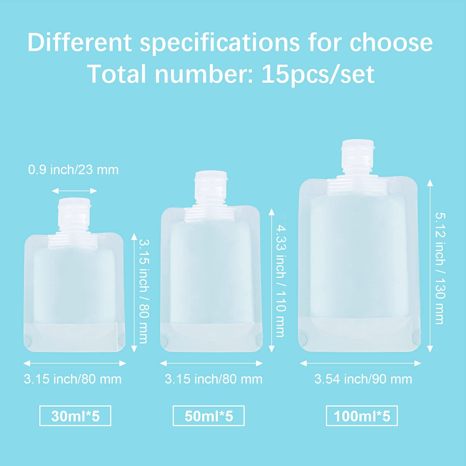 NUTAKI 15pack Portable Travel Fluid Makeup Packing Bag with Labels Refillable Travel Pouches-Sub Bags for Travel Tsa Approved Leakproof Toiletries Containers