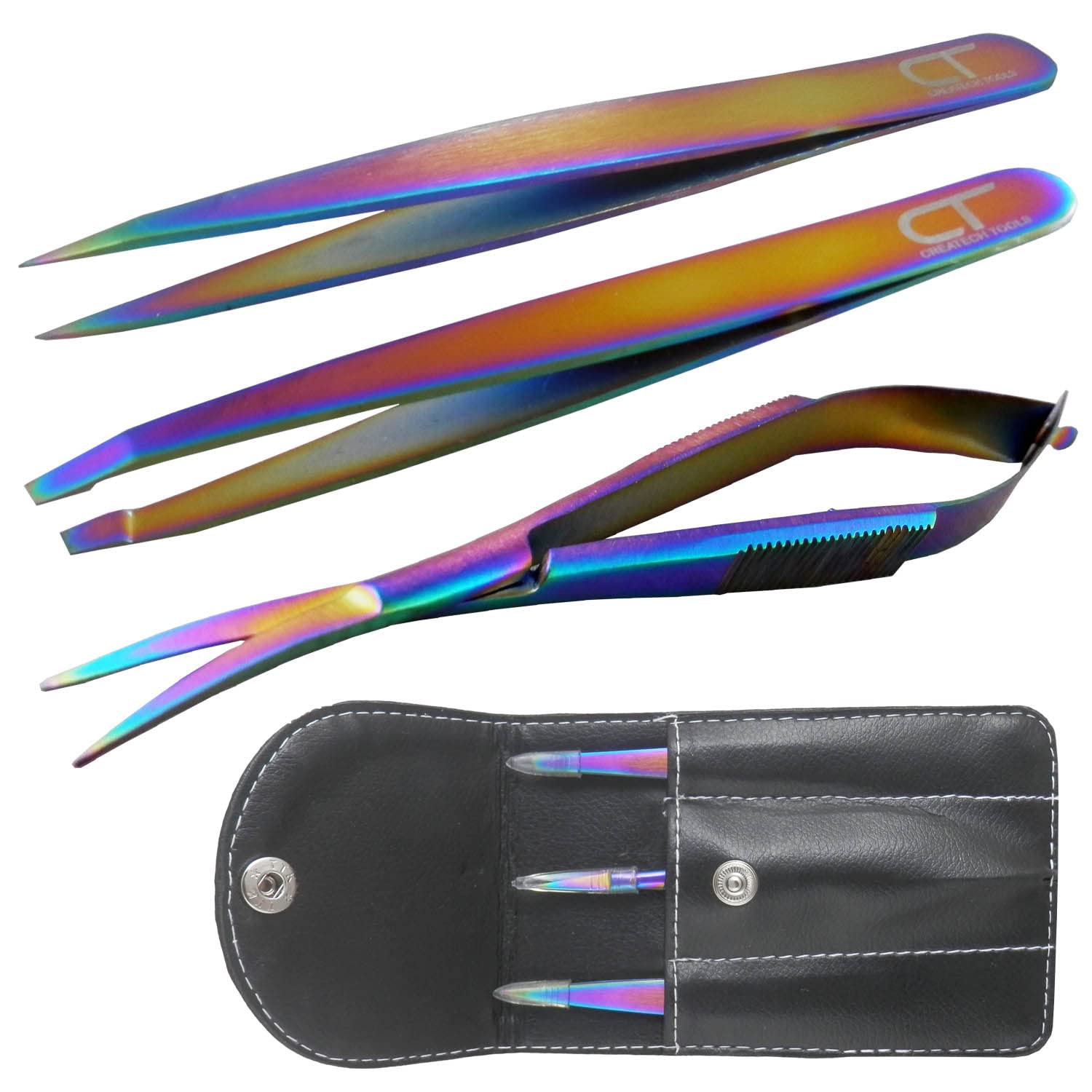 Eyebrow Tweezers Set – Pointed and Slanted Tweezers, Eyebrow Lash Trimming Scissors, Rainbow Professional Set