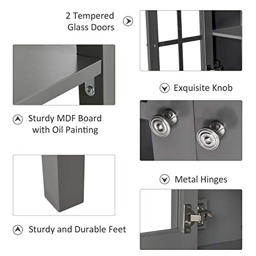 HOMCOM Coffee Bar Cabinet, Modern Sideboard Buffet Cabinet, Kitchen Cabinet with 2 Glass Doors, Adjustable Inner Shelving and Bottom Shelf, Grey