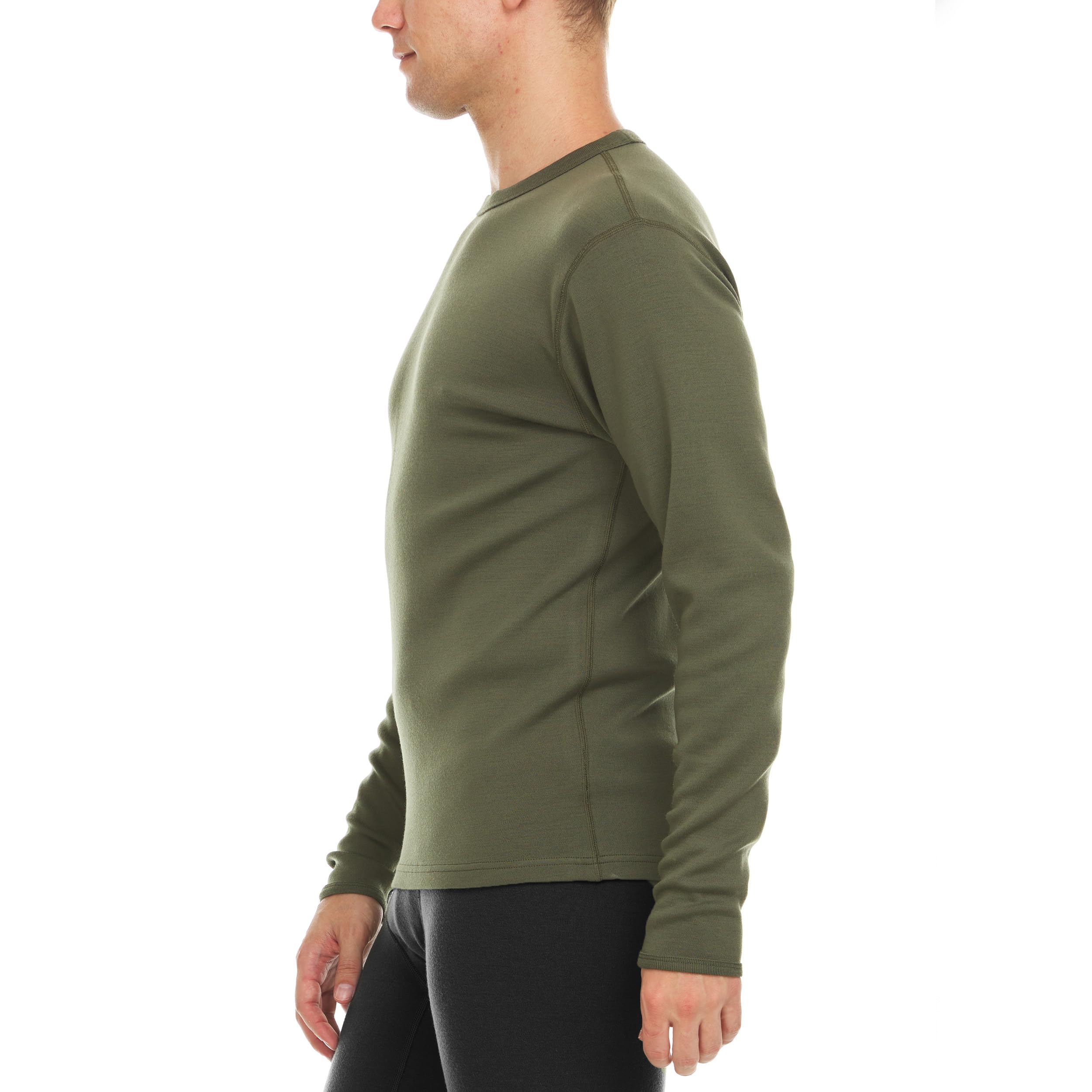100% Merino Wool Expedition Weight Mens Crew Shirt - Heavy Weight Base Layer Top - Extreme Cold Weather Gear - Olive Drab - Large