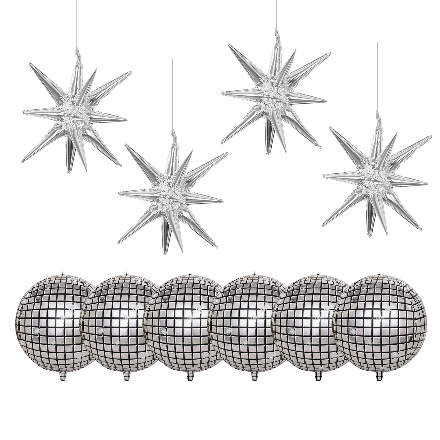10 Pcs Party Disco Balloons Party Decorations, 6 4D Disco Balloons Metallic Mirror Foil Balloons and 4 Silver Explosion Foil Cone Balloons