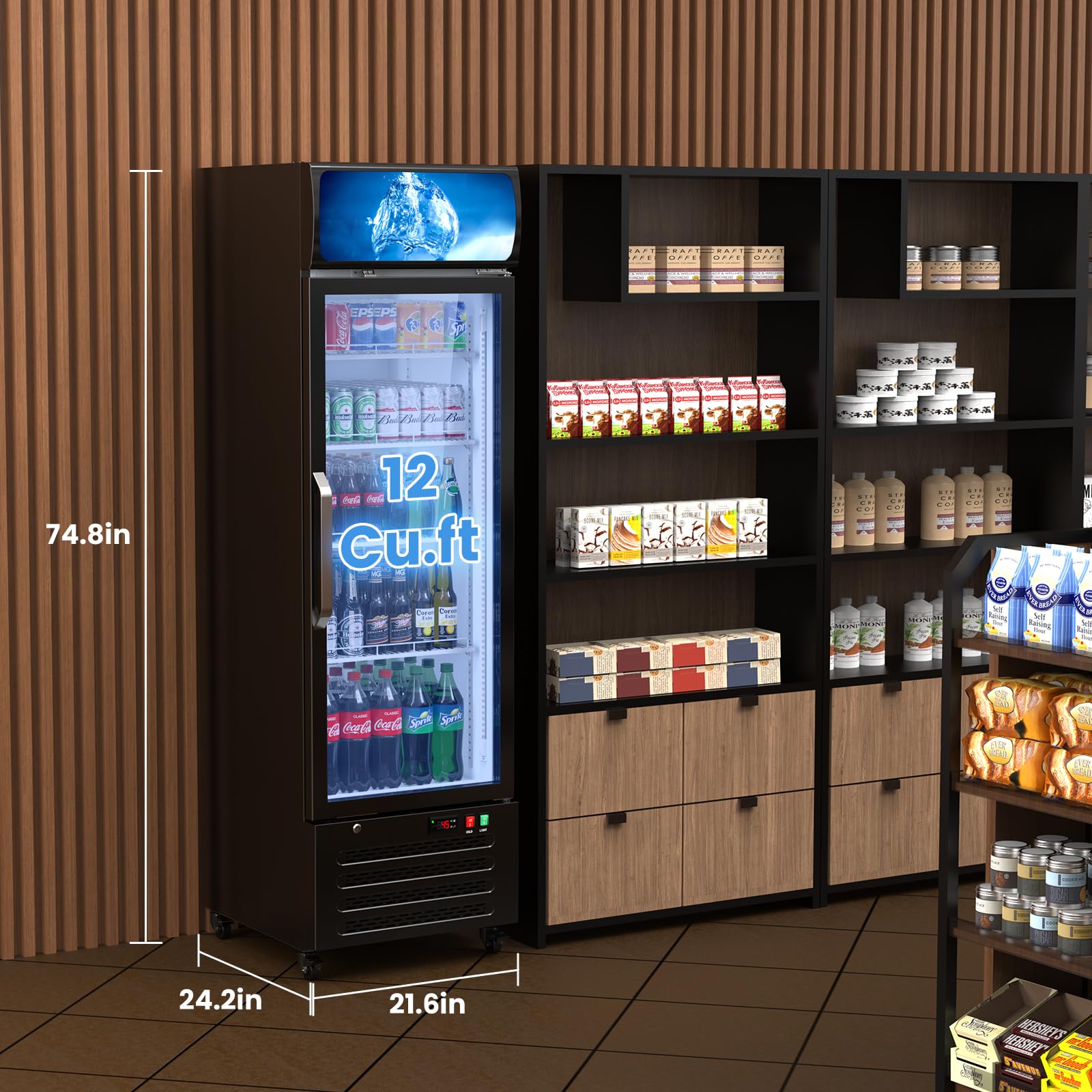 12 Cu Ft Commercial Display Fridge for Beverage,Glass Door Upright Refrigerator Merchandiser with Front LED Light,Large Freestanding Compact Slim Business Cooler for Shop,Restaurant,Apartment,etc