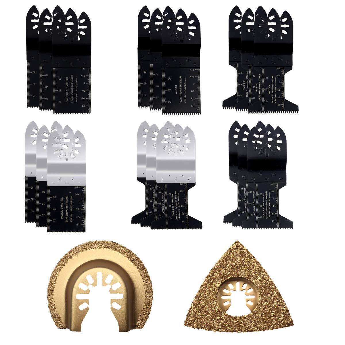115 PCS Oscillating Saw Blades with case,Wood/Metal/Plastic Cutting and Accessories with Sandpaper,Bi-Metal Tool Blade, Arc Edge Multitool Blades Compatible with Fein Multimaster Porter Cable Bosch