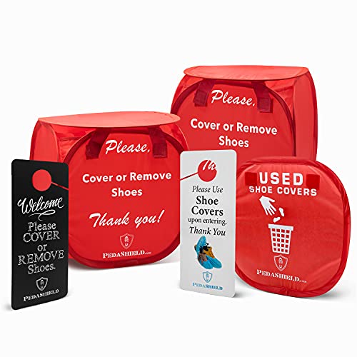 PedaShield Shoe Covers box | Collapsible Shoe Basket Bin Bootie Box | Reversible Door Hanger Signs | Realtors Open House 10" Foldable Storage holds 100 Disposable (2 Red Box + 2 Door Hang, 4)
