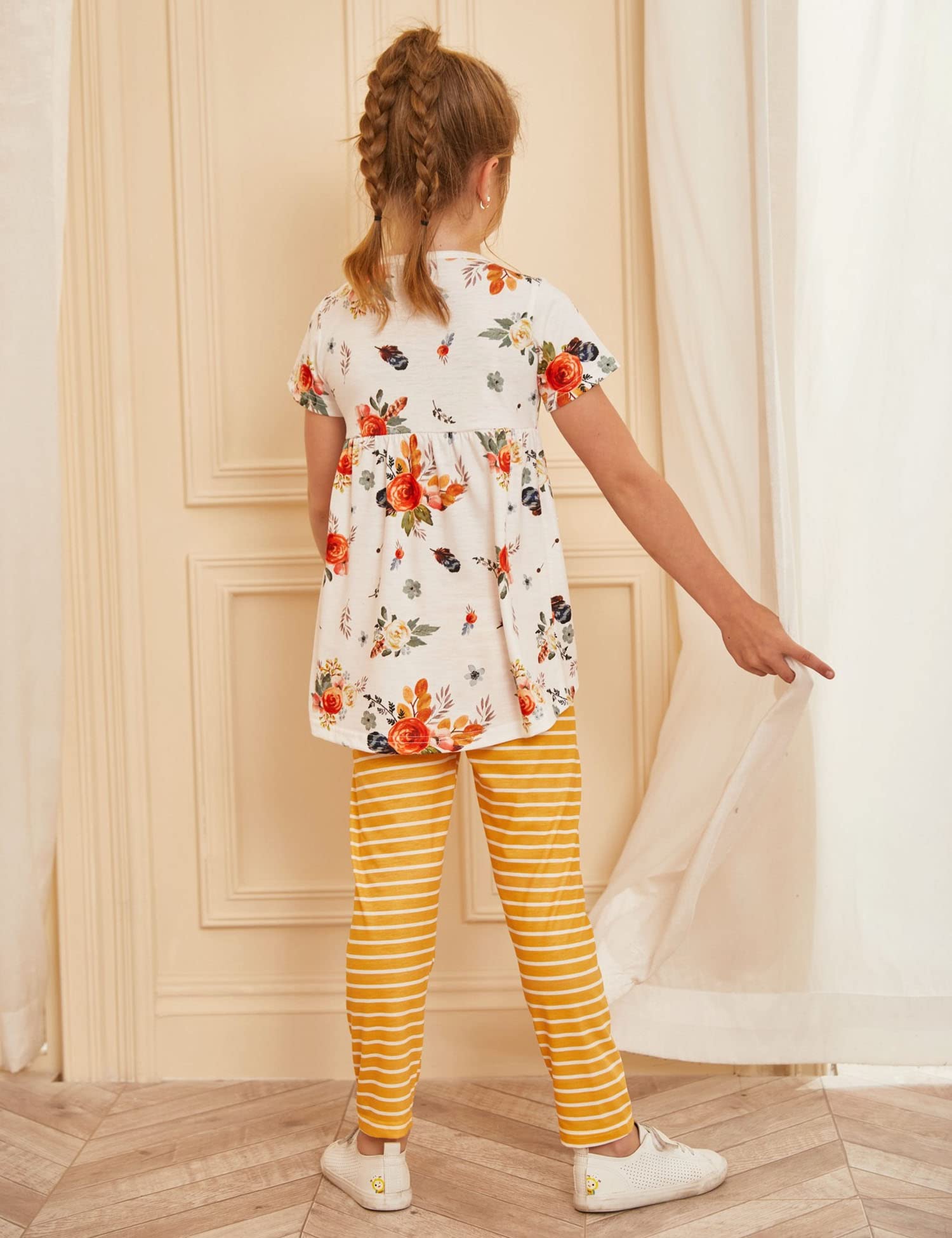 Arshiner Little Girls Outfits Floral Hi-Lo Tops+Pants Sets Short SLeeve 2pcs Pants Sets with Pockets