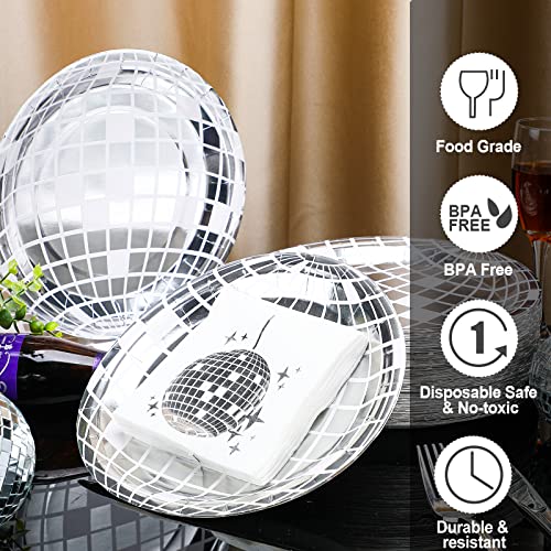 200 Pcs 70s Disco Party Supplies Includes Disco Ball Paper Plates and Disco Cocktail Napkins Silver Disco Paper Plates Disco Napkins for 80s 90s Disco Bachelorette Birthday Party Picnic (White)