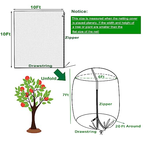 10ftx10ft Large Fruit Tree Netting Bags,Bird Netting for Blueberry Bushes with Zipper and Drawstring,Garden Netting from Squirrels and Birds Other Animals for Cherry Apple Tree (10x10ft)