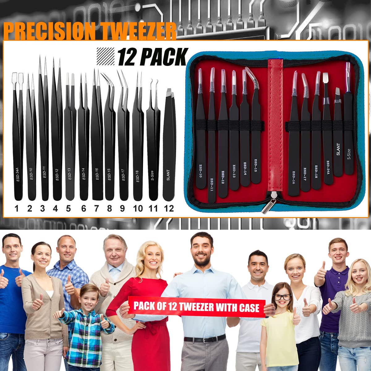 Antonki 12 Pack Precision Tweezers Set, Point and Slant Metal Tweezer Kits for Craft, Soldering, Jewelry, Ingrown Hair, Eyelash Extension, Eyebrow - with Case