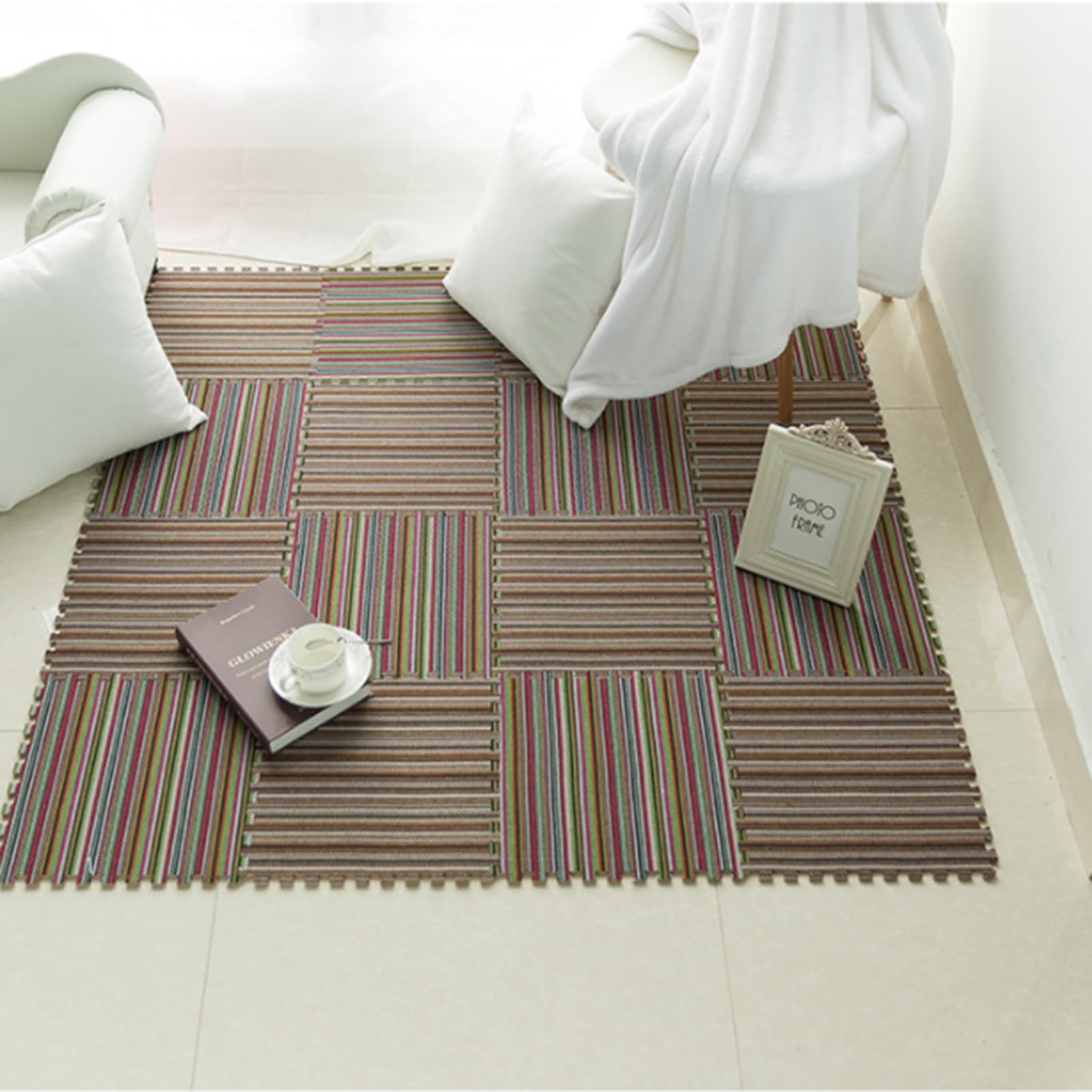 12/24/36 Pcs PE Foam Puzzle Mats, 30x30CM Soft Interlocking Floor Play Mat Tiles with Edgings,1 CM Thick Playmats with Cotton Linen Surface for Indoor Outdoor