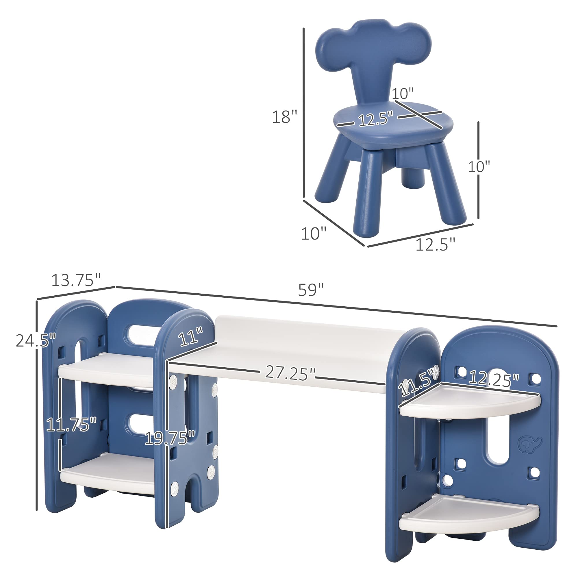 Qaba Kids Table and Chair Set, Activity Desk with Bookshelf & Storage for Study, Activities, Arts, or Crafts, Blue and White