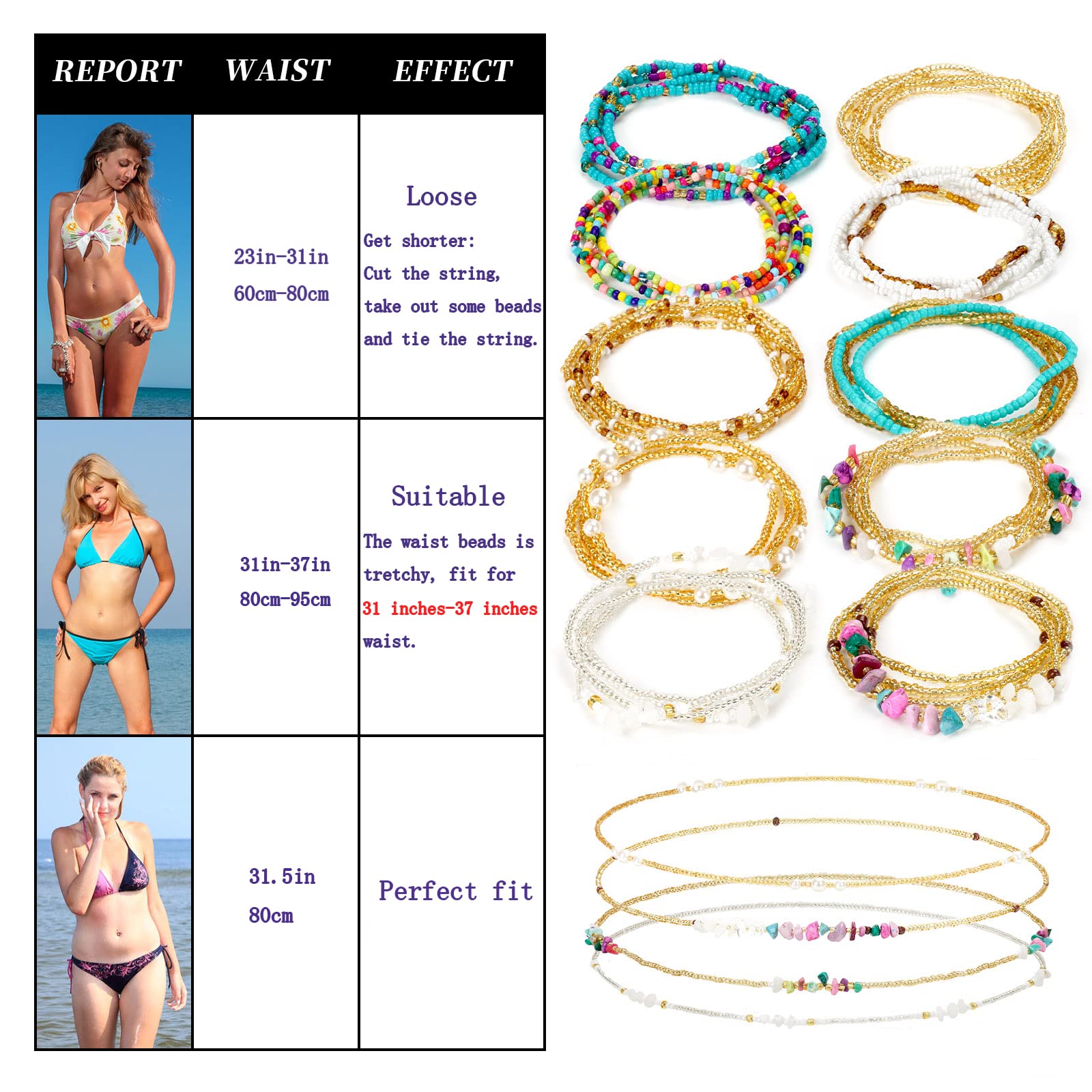 10PCS Waist Beads for Women with crystals,Summer Belly Body Chain African Stretchy Waist Jewellery, Size 31"-37"