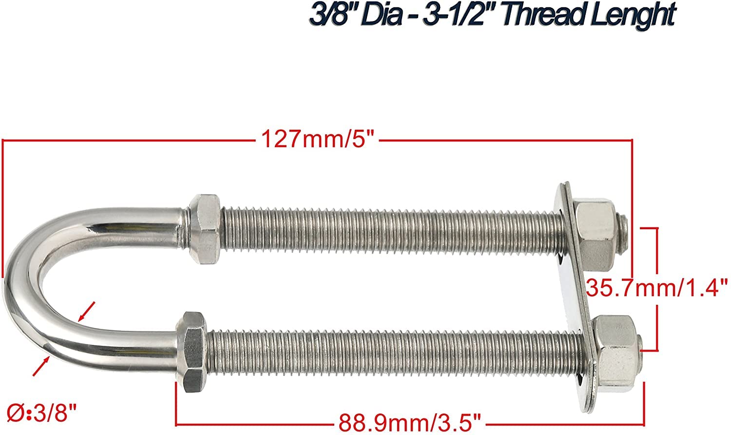 YaeMarine 2-Pack 3/8" Dia Stainless Steel Marine Boat Stern Bow Eye Tie Down U Bolt Thread Length 2-1/2", 3", 3-1/2" Option (3/8" Dia x 3-1/2" Thread Length, 5" Overall Length)