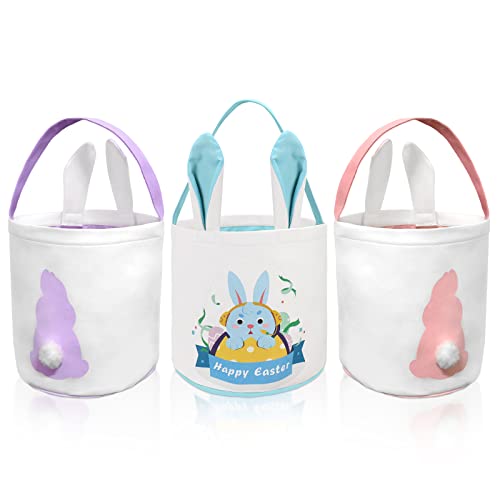 Asbtos 3 Pack Easter Basket, Bunny Baskets for Kids with Cute Rabbit Ears Stripe Storage Gifts Candies, Blue, Pink, Purple(9 x 9 x 14 inches)