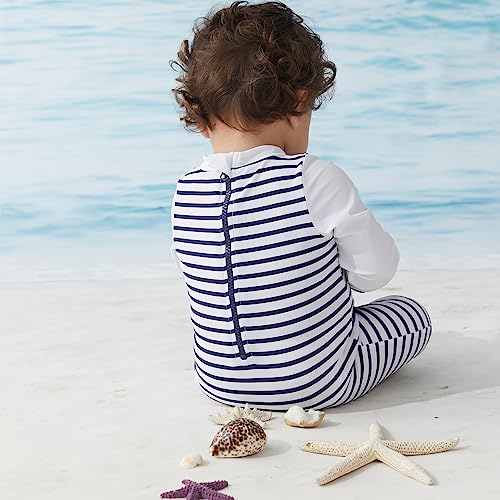 Baby Swimsuit Boy One Piece Rashguard with Hat UPF 50+ Sun Protection ,Blue Stripes,6-9 Months