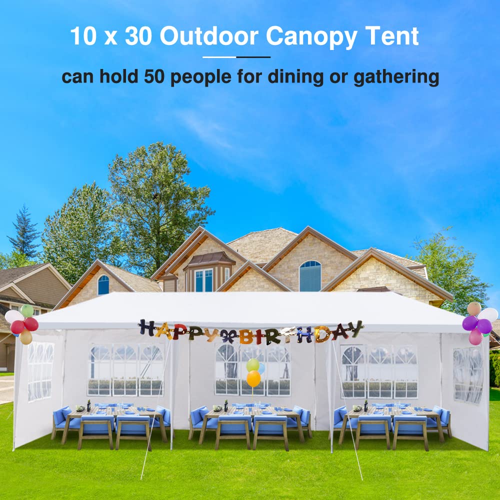 10' x 30' Outdoor Canopy Tent, Waterproof Canopy Tent with 5 Removable Sidewalls for Wedding, Party, BBQ, Camping, White