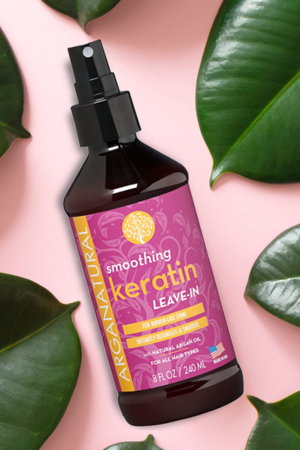 Arganatural Smoothing Keratin Leave-in Conditioner, 8 fl oz / 250 ml Spray Bottle, Smooth & Detangle Frizzy Hair