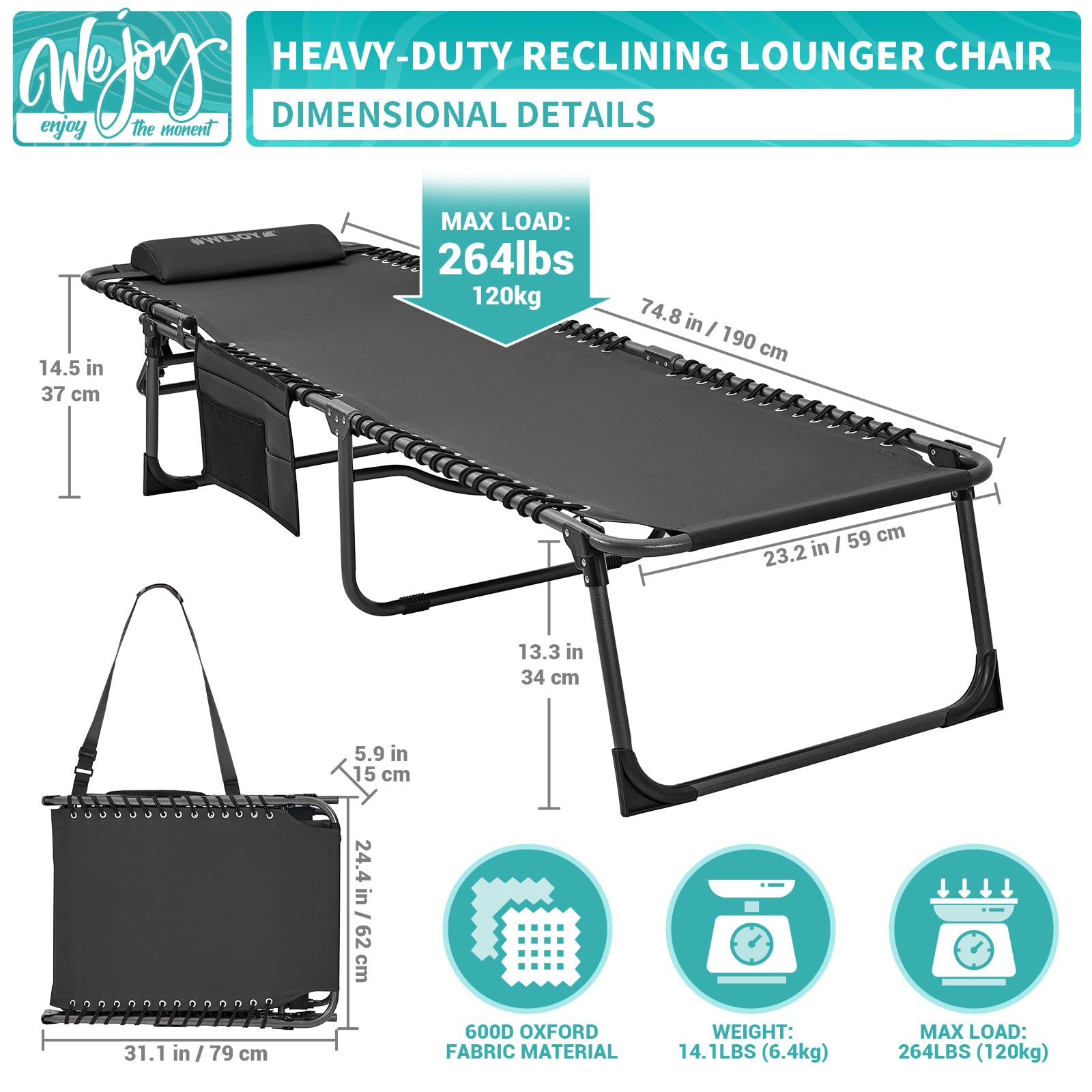 #WEJOY Outdoor Folding Chaise Lounge Chair for Outside, Patio, Beach, Poolside, Sunbathing, Adjustable 5-Position Reclining Chairs, Heavy Duty Camping Cot with Shoulder Strap and Pillow, Teal