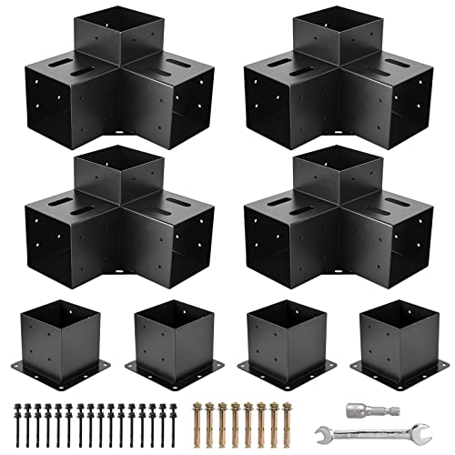6x6 Pergola Kit,Pergola Brackets 3-Way Right Angle Corner Bracket and Post Base with Black Powder Coated, Modular Sizing Woodworks DIY Pergola Kit, Outdoor Pergola/Gazebo Hardware for 6X6 Lumber………