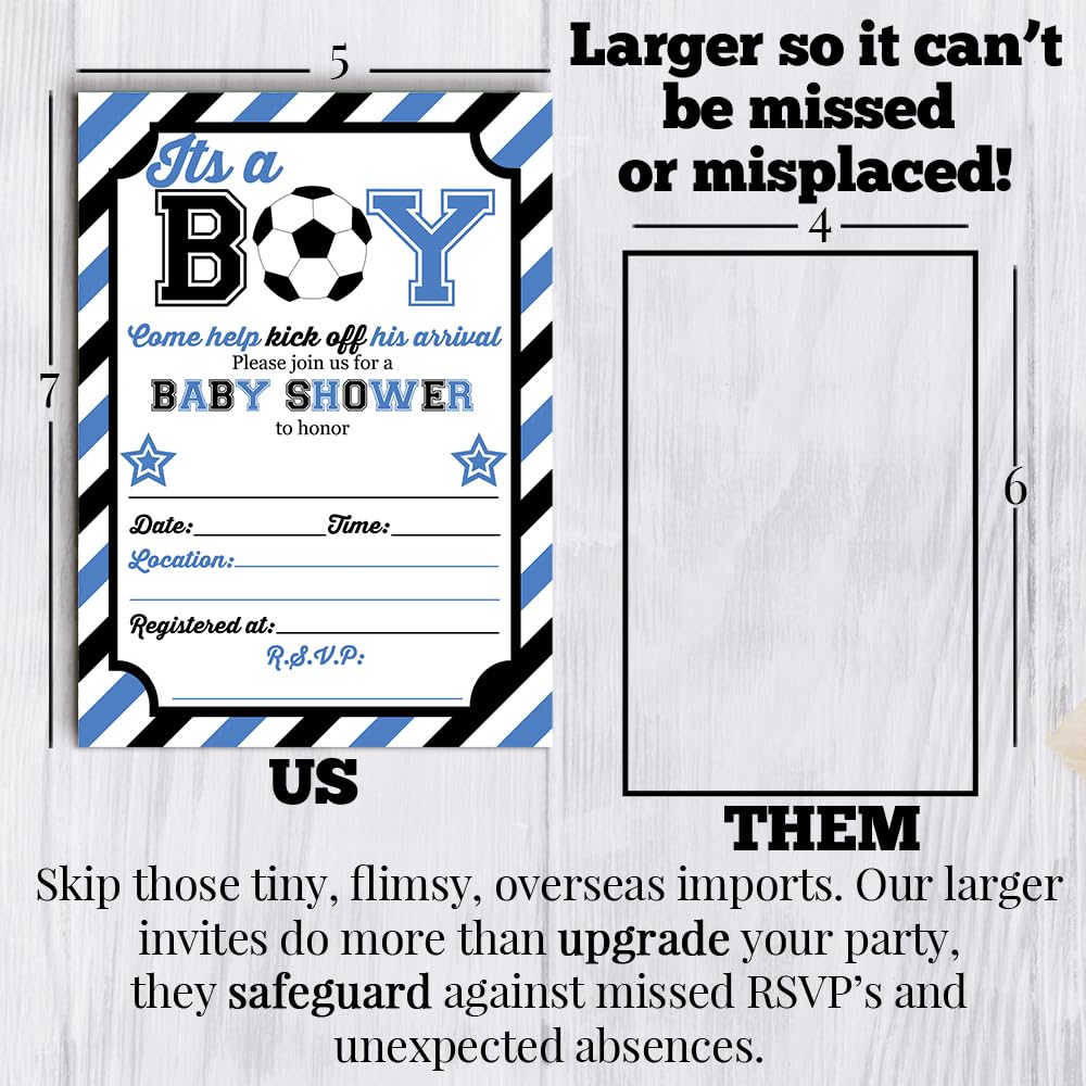 Blue & Black Kick Off His Arrival Soccer Themed Baby Sprinkle Baby Shower Invitations for Boys, 20 5x7 Fill In Cards with Twenty White Envelopes by AmandaCreation