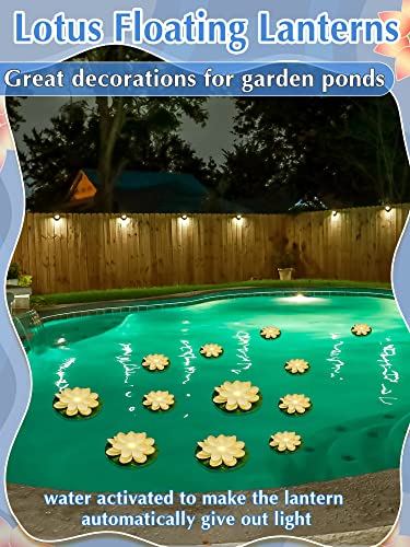 12 Pcs Floating Pool Lights Lotus Floating Lanterns LED Lifelike Floating Lamp Battery Operated Lily Pad Flower Candle Fun Pool Accessories for Pond Decor, Yellow Light (White, 3.94/5.91 Inch)