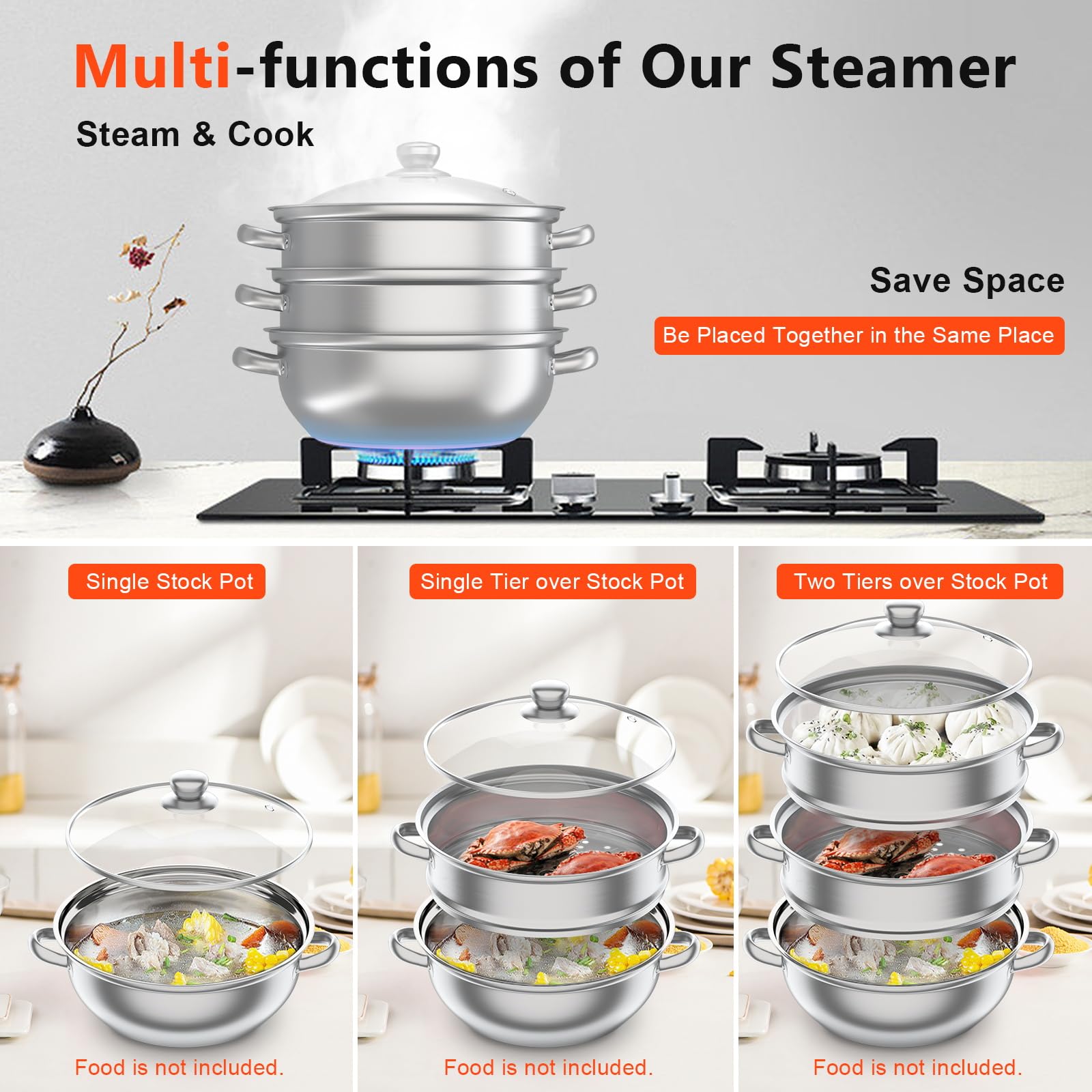 11Inch Steamer for Cooking, Stainless Steel Food Steamer Basket 3 Tier Vegetable Steamer Pot, Kitchen Steamer Cooker with Lid and Handle