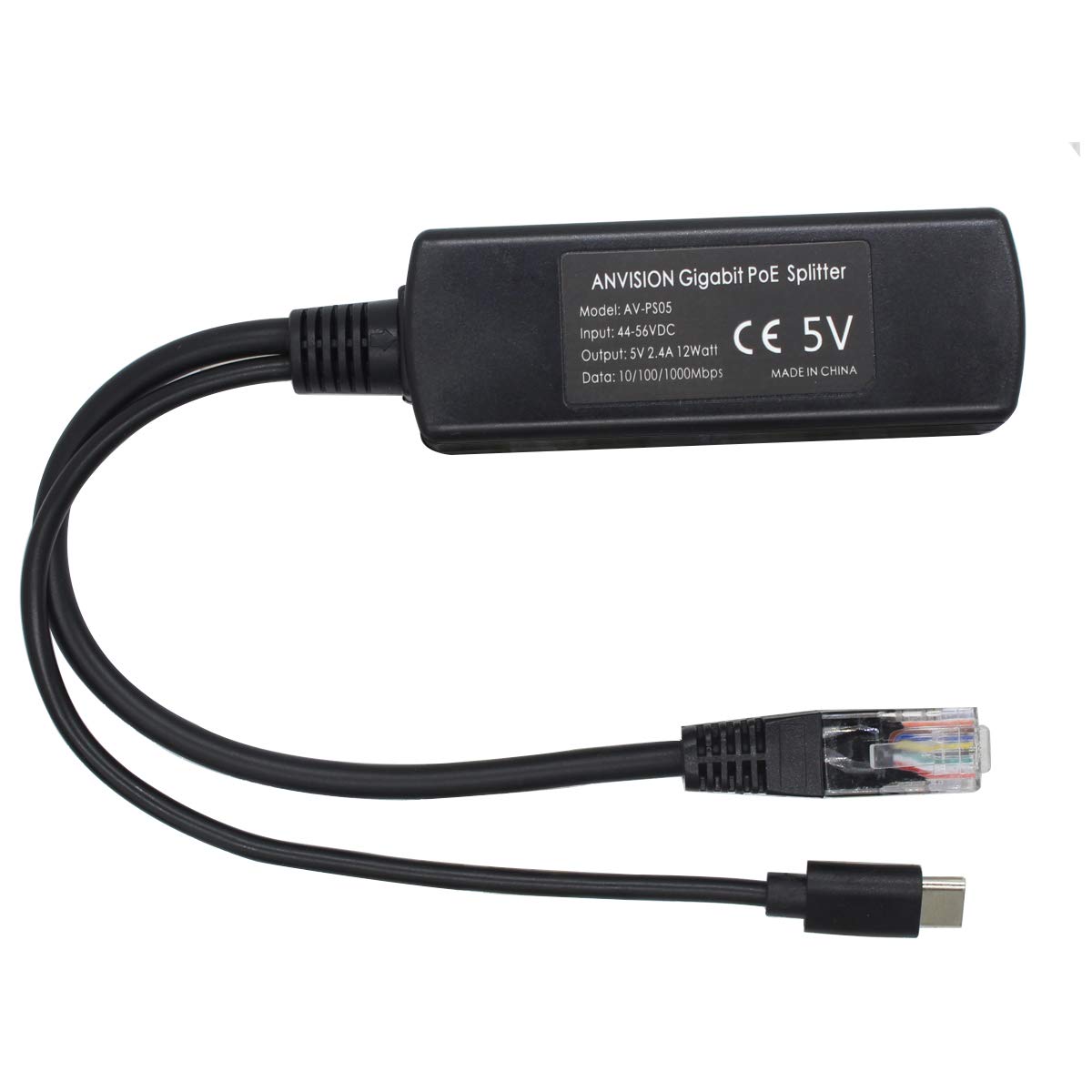 ANVISION 2-Pack 5V Gigabit PoE Splitter, USB Type C, 48V to 5V 2.4A Adaper, IEEE 802.3af Compliant