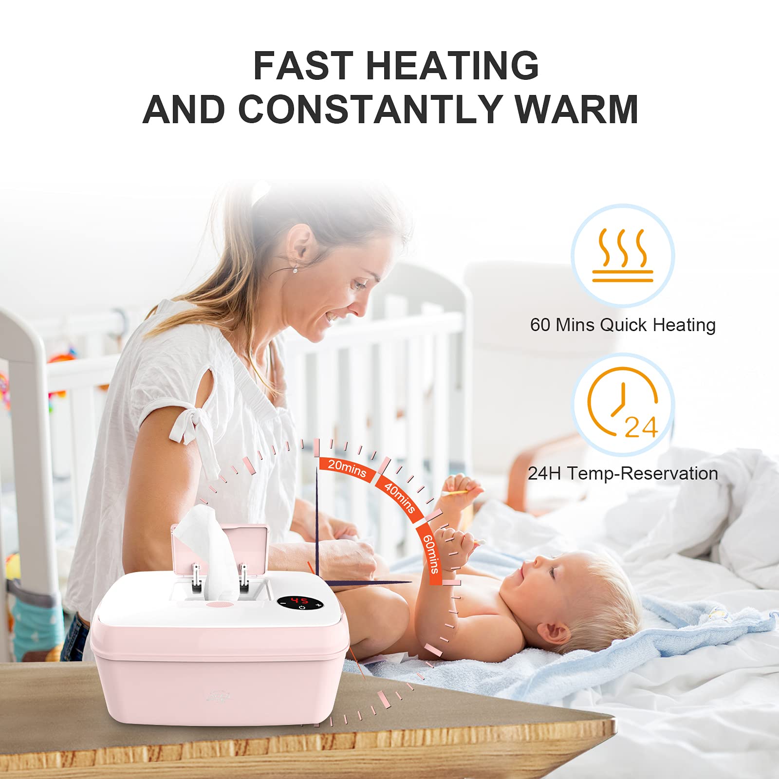 Baby Wipe Warmer : Pink Portable Wipe Dispenser with Top Heating System, LED Display for Accurate Temperature Setting, Diaper Wipe Warmer - Keeps Wipes Warm and Moist for Babies